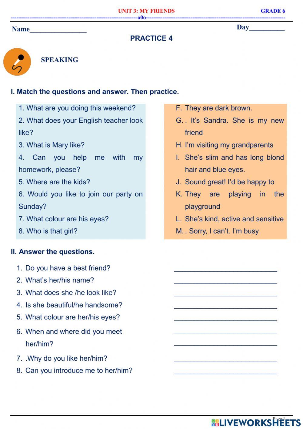 2106943 | English 6 - Unit 3 - My Friends - Practice 4