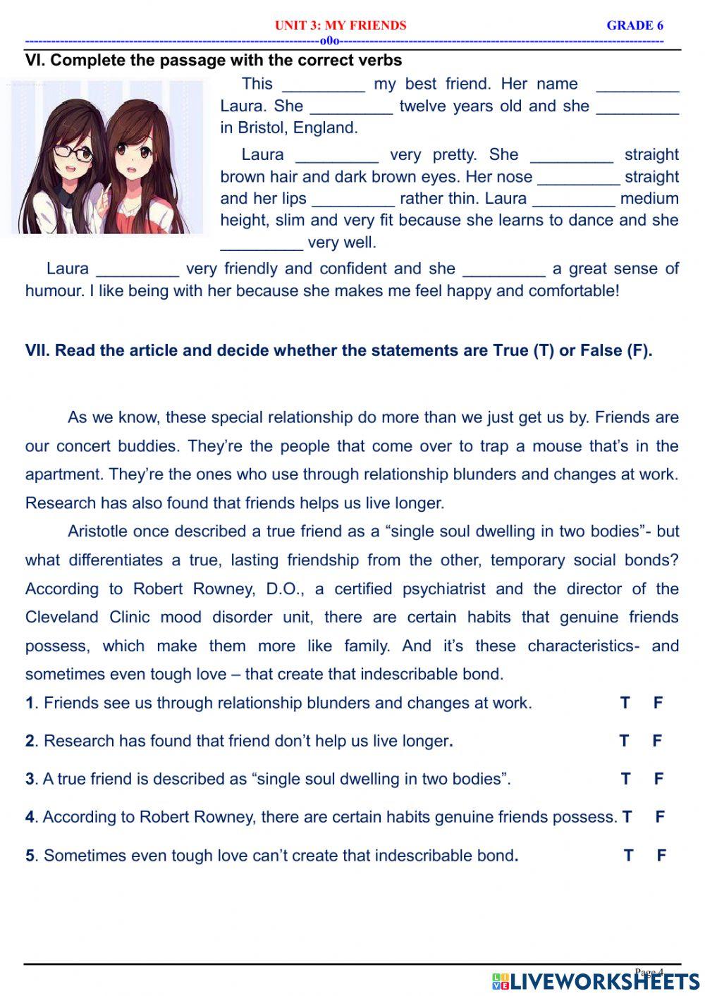 2106943 | English 6 - Unit 3 - My Friends - Practice 4