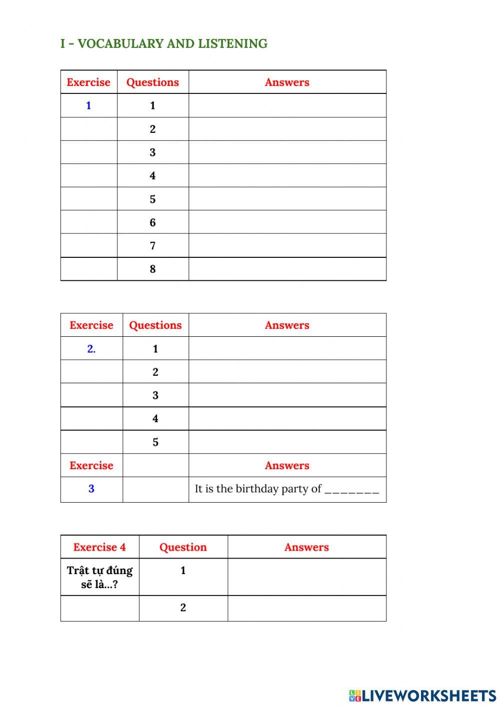 L1 - ANSWER SHEET - WB - UNIT 1.1 online exercise for | Live Worksheets