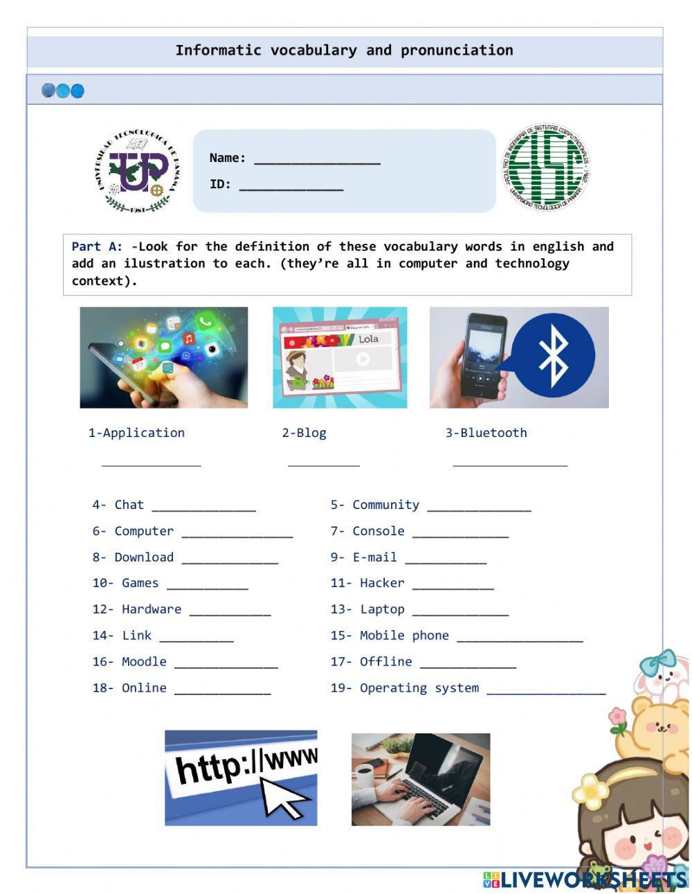 Informatic vocabulary and pronunciation worksheet | Live Worksheets