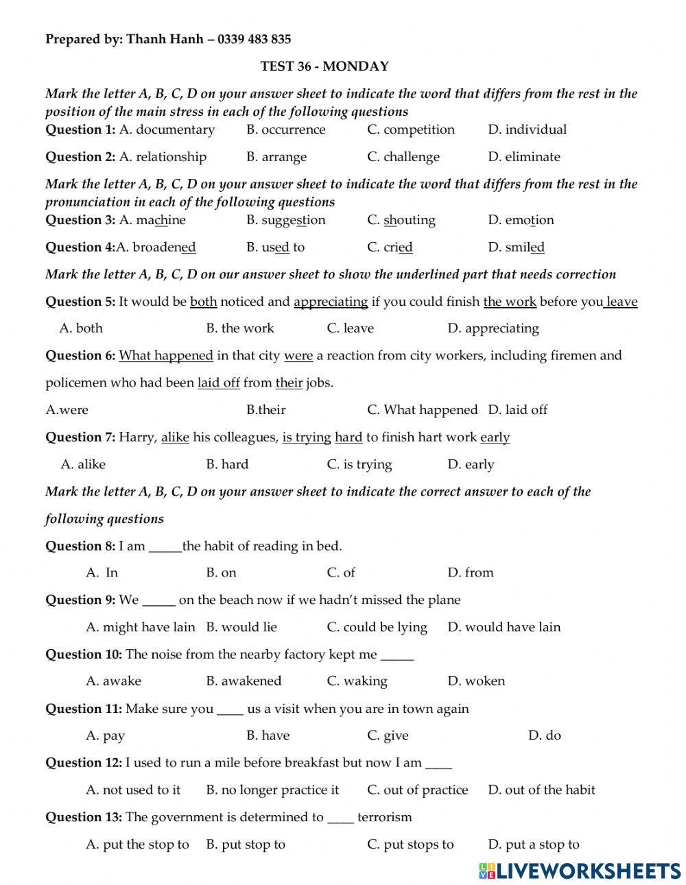 Test 36 lop t2 worksheet | Live Worksheets