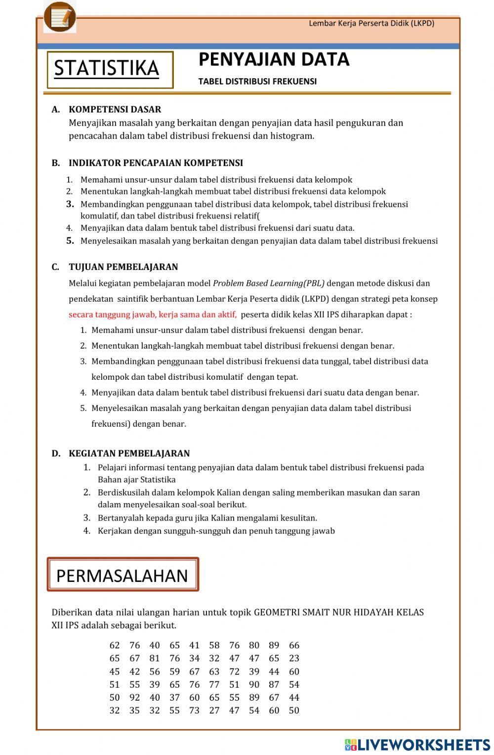 Statistika: tabel Distribusi Frekuensi online exercise for | Live ...