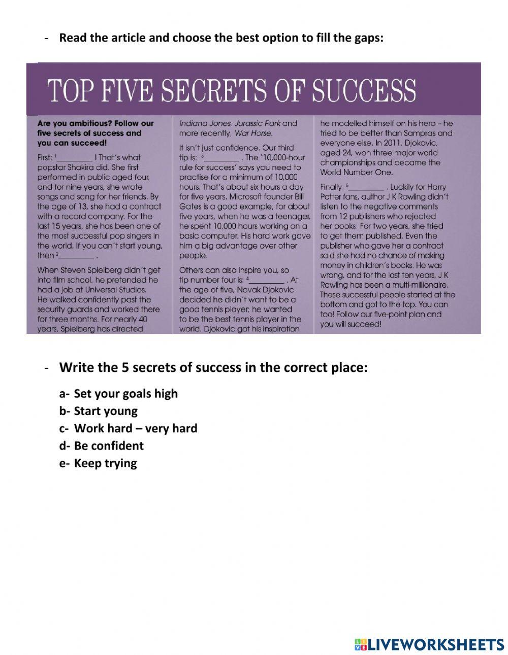 5 secrets of success online exercise for | Live Worksheets