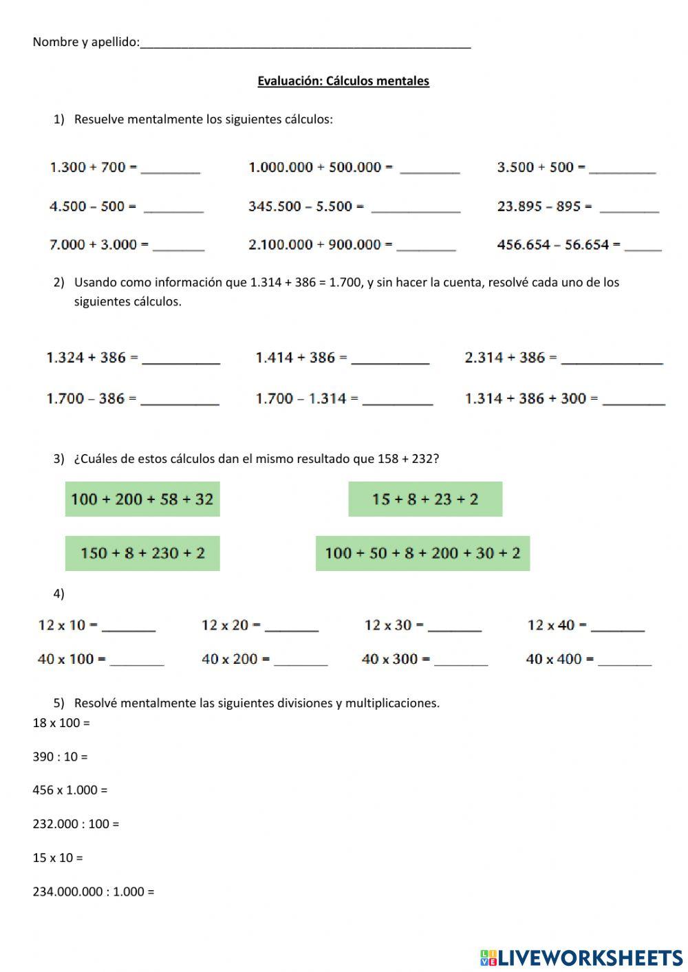 Cálculos mentales online exercise for Quinto grado | Live Worksheets