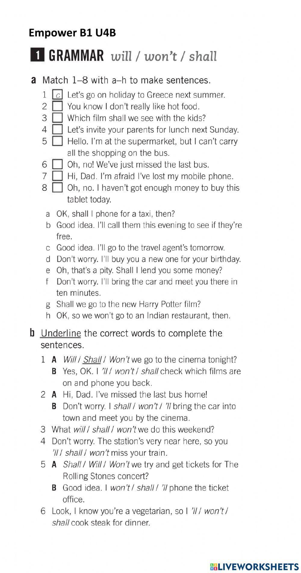 Empower B1 U4B | Free Interactive Worksheets | 2122639