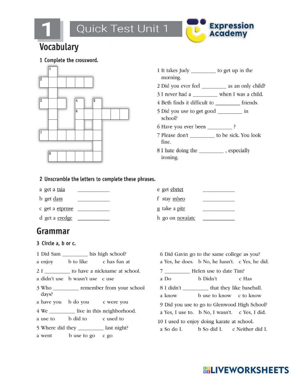 Quick unit 1, book 3 worksheet | Live Worksheets