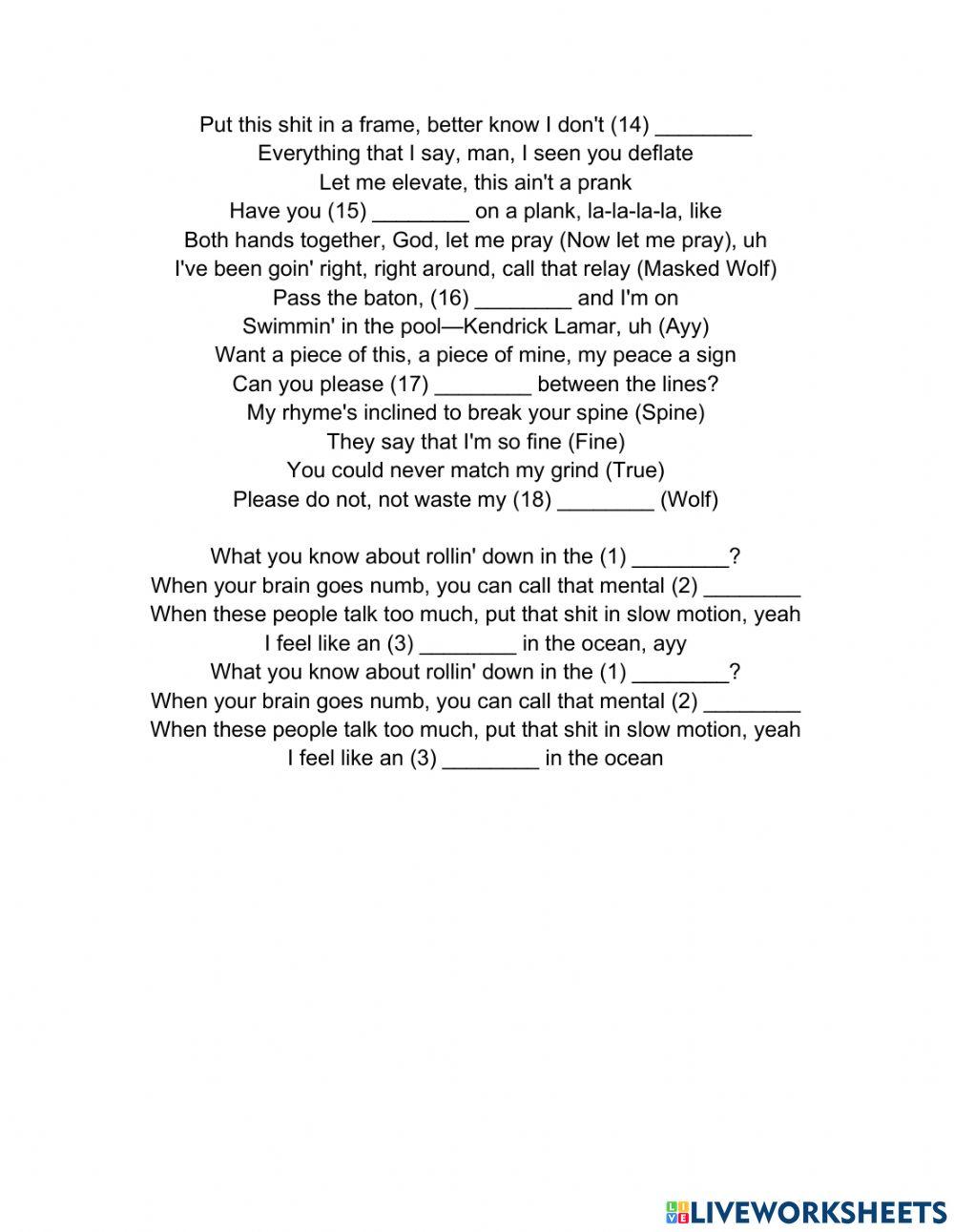 Unit 4 Lyrics - Astronaut in the Ocean (Clean) online exercise for ...