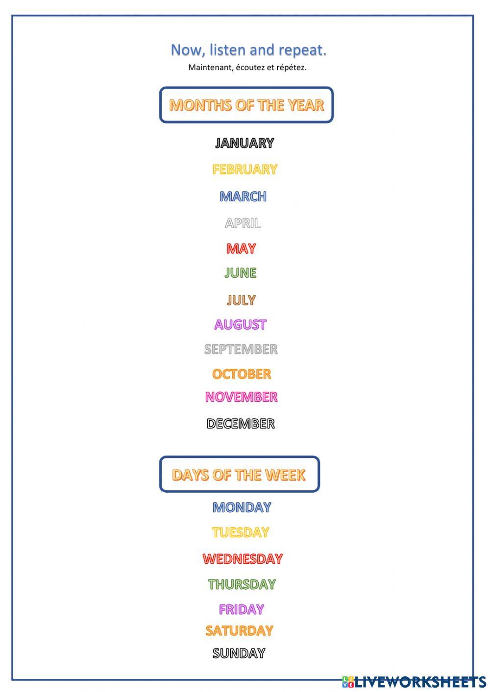 Months and days of the week activity | Live Worksheets