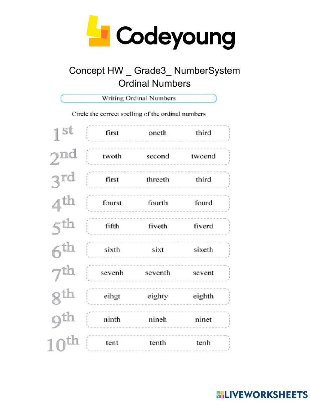 Concept HW ordinal numbers worksheet | Live Worksheets