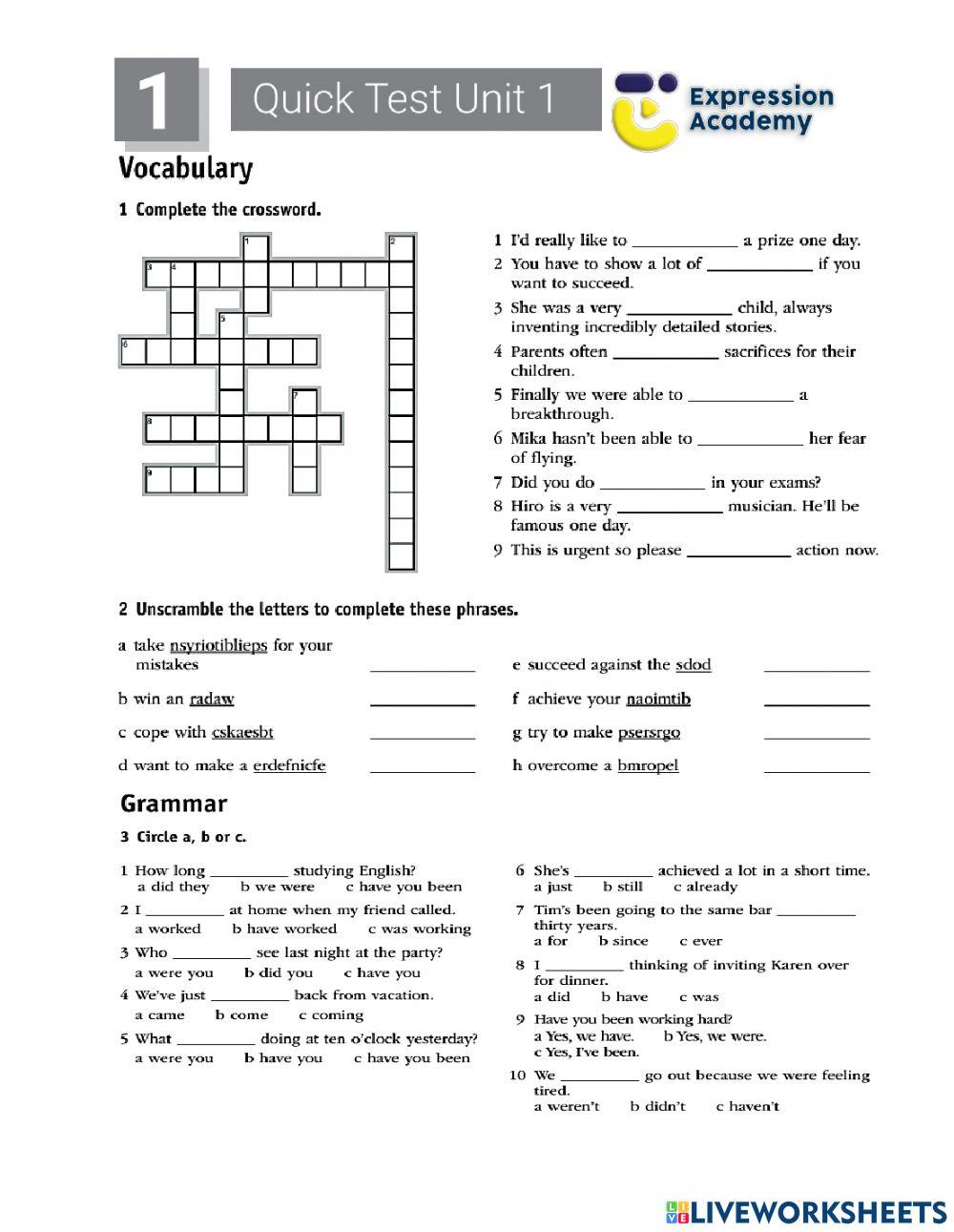 Quick unit 1, book 4 worksheet | Live Worksheets