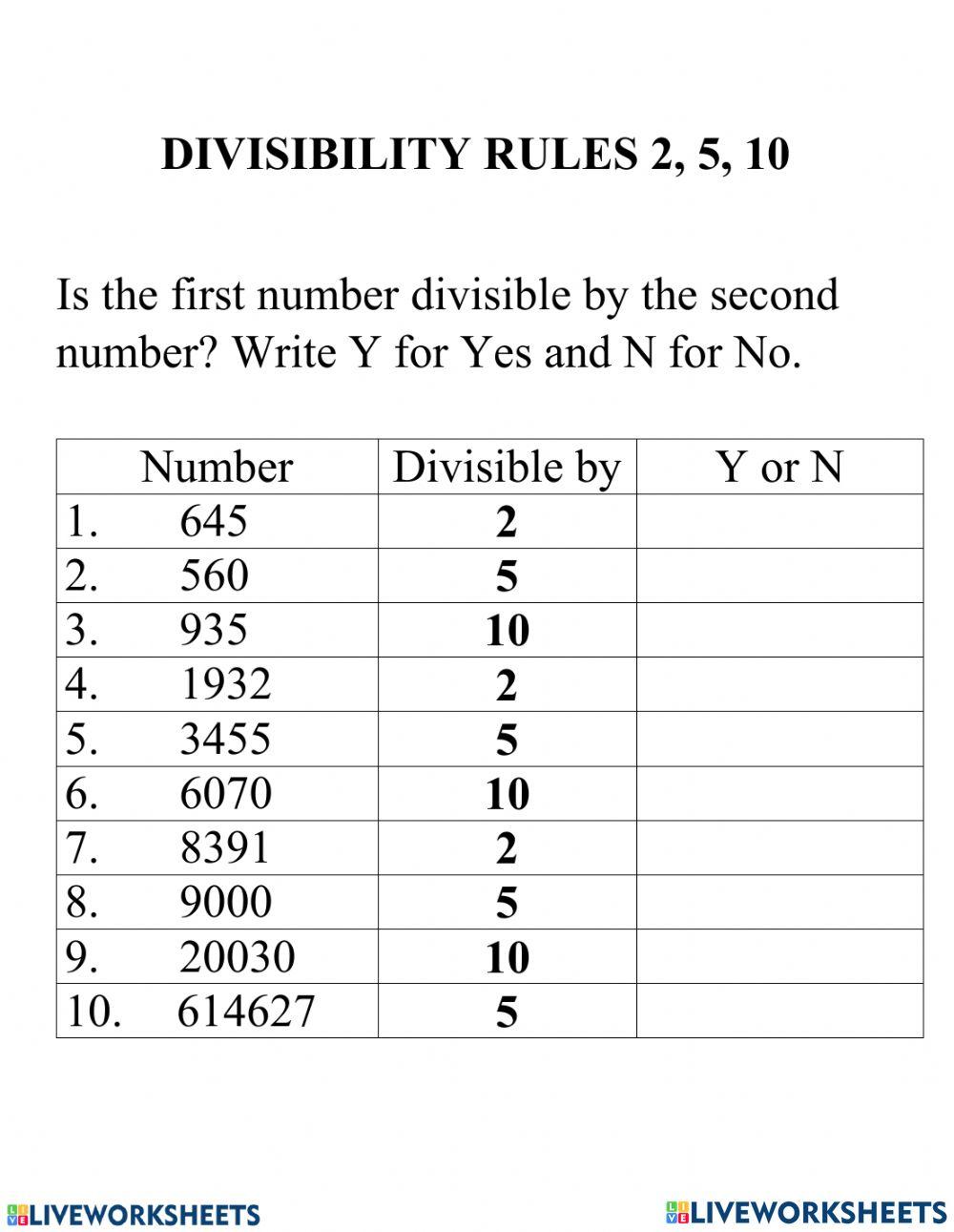 Divisibility By 2,5 And 10 Online Exercise For | Live Worksheets
