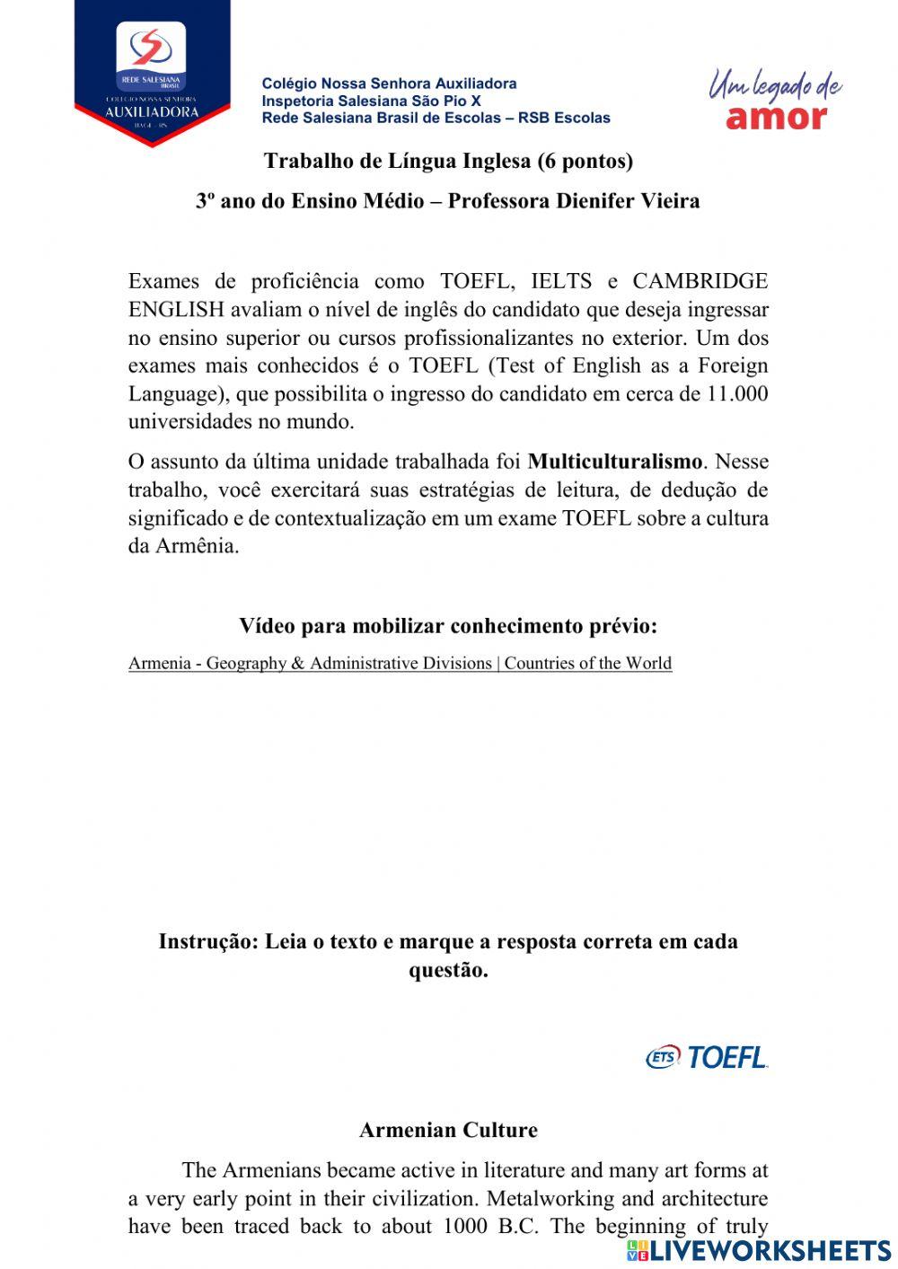 TOEFL Test on Culture | Dienifer Feijó Vieira (Teacher
