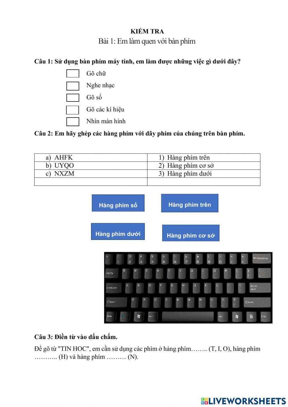 Bài kt: Bàn phím máy tính online exercise for | Live Worksheets