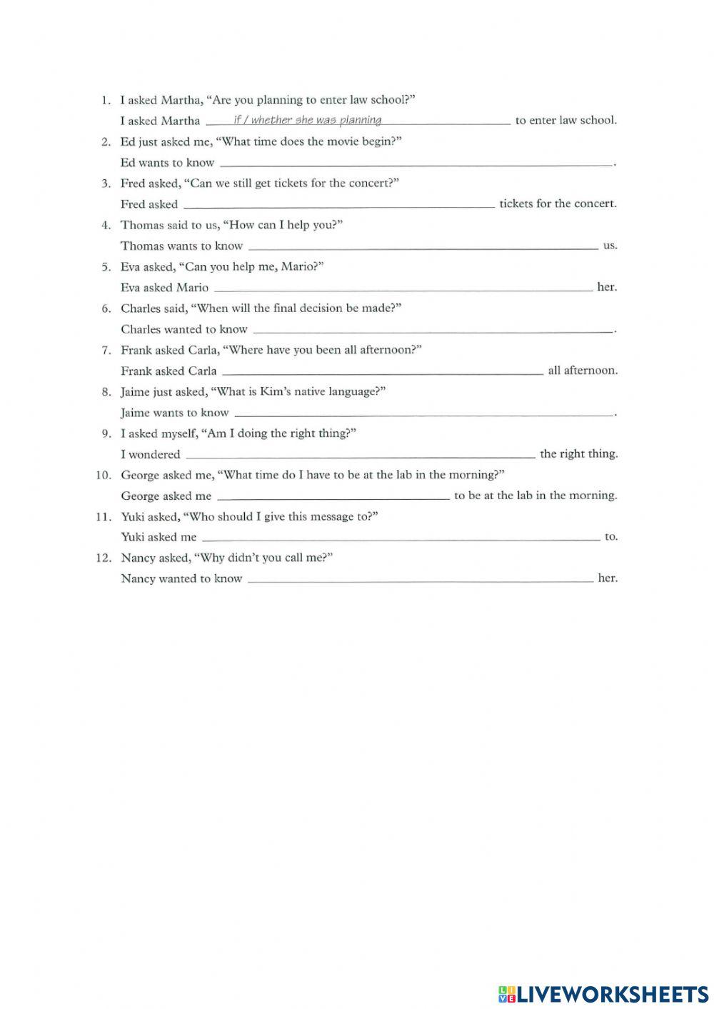 Reported speech, practice worksheet | Live Worksheets