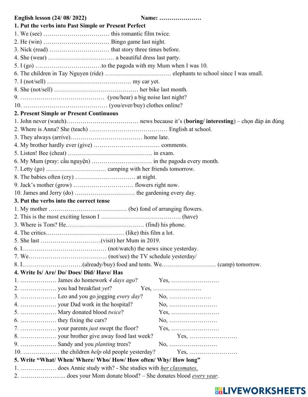 8C - tenses review worksheet | Live Worksheets