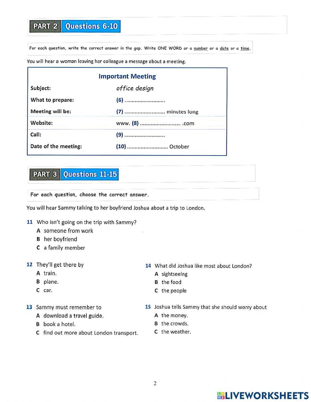 Ket Practice Test 08 Listening Online Exercise For Live Worksheets