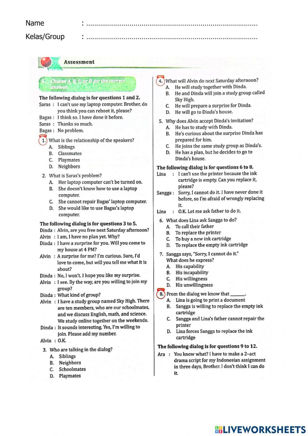 Assessment 2 Bahasa Inggris 8A worksheet | Live Worksheets