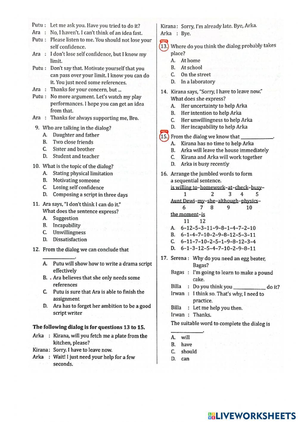 Assessment 2 Bahasa Inggris 8A worksheet | Live Worksheets