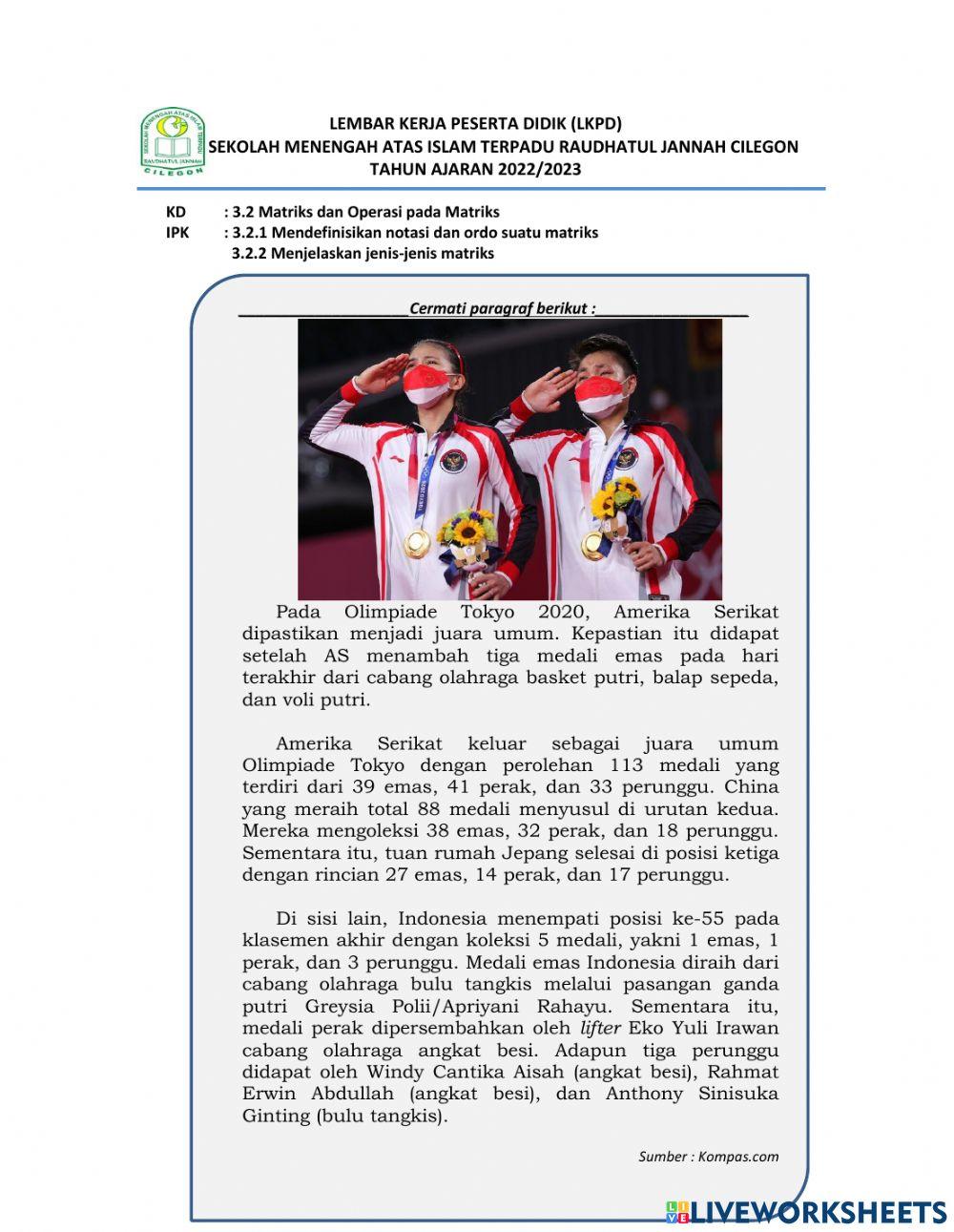 LKPD Notasi, Ordo, dan Jenis Matriks online exercise for | Live Worksheets