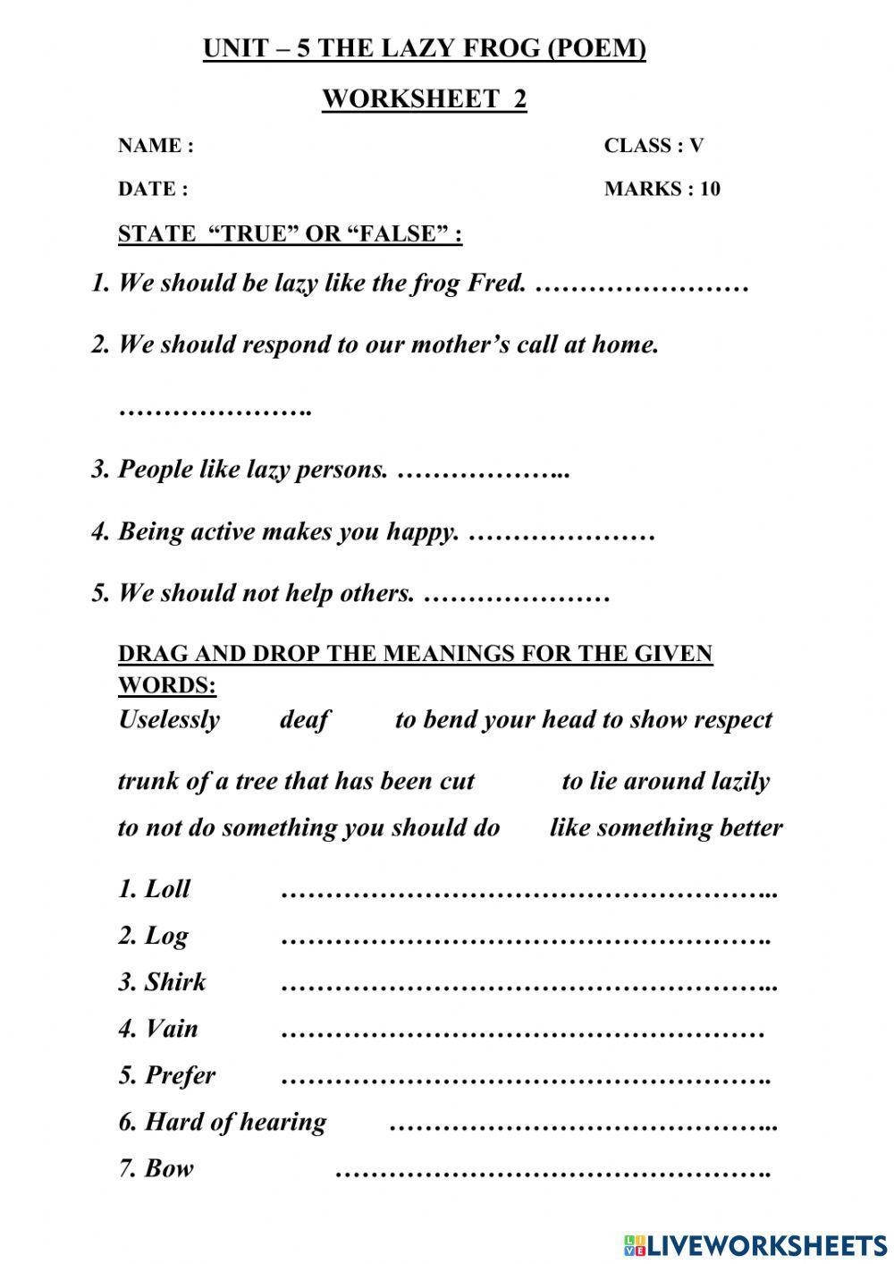 The lazy frog exercise | Live Worksheets