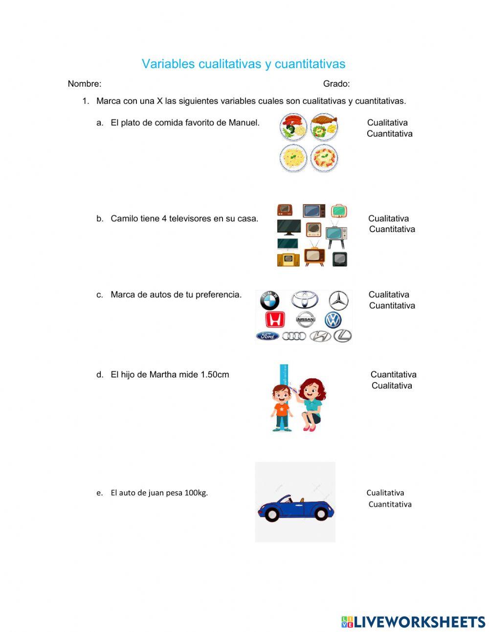 Variables cuantitativas y cualitativas online worksheet | Live Worksheets