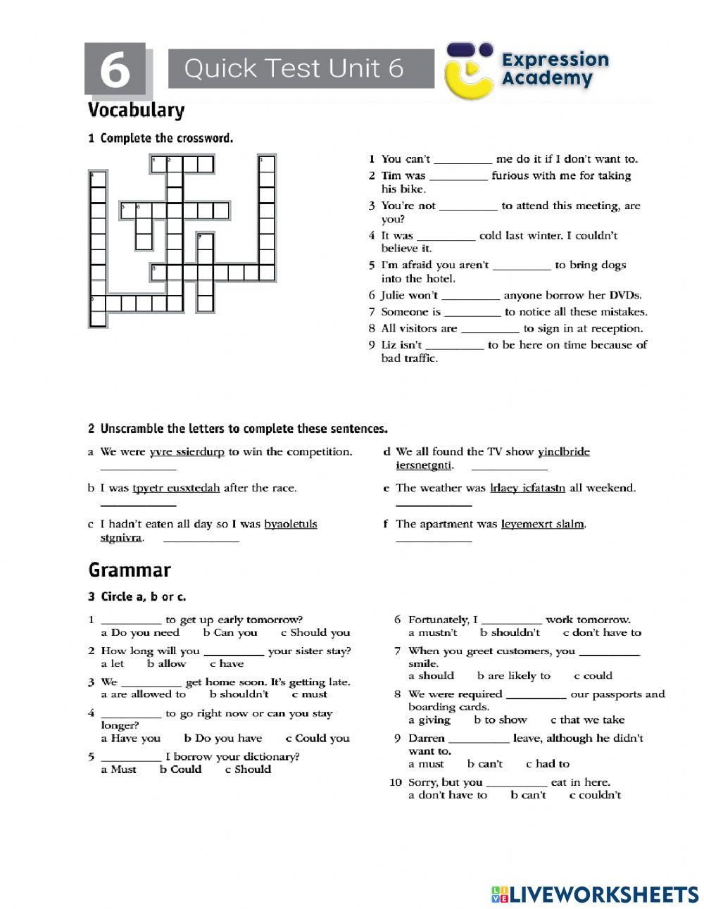 Quick unit 6, book 4 worksheet | Live Worksheets