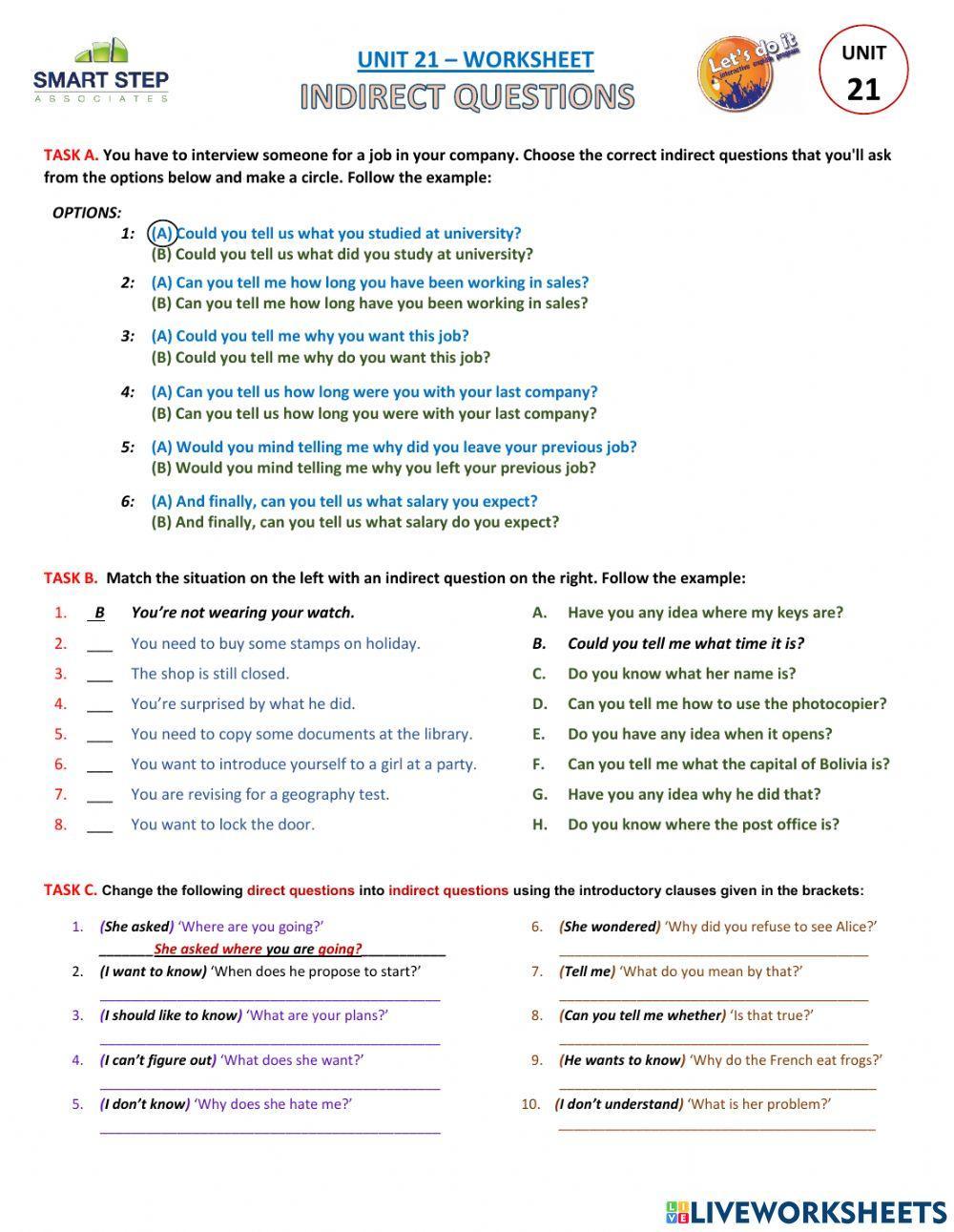 UNIT 21 Indirect Questions Worksheet Live Worksheets, 48% OFF