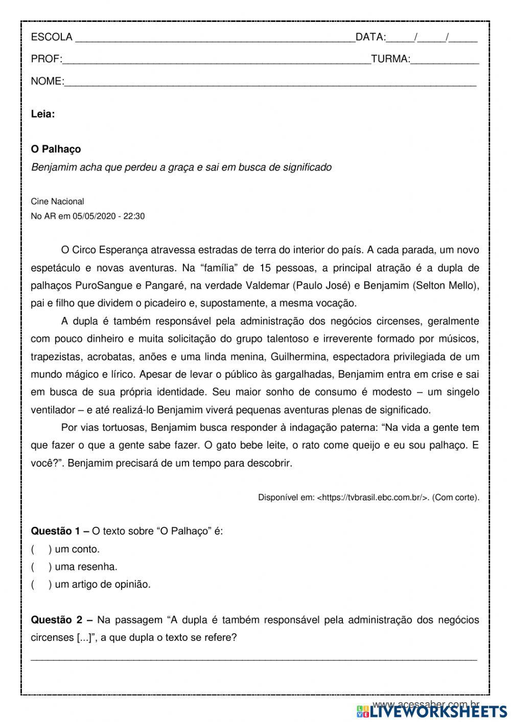 Compreensão Textual - Express 2 worksheet | Live Worksheets