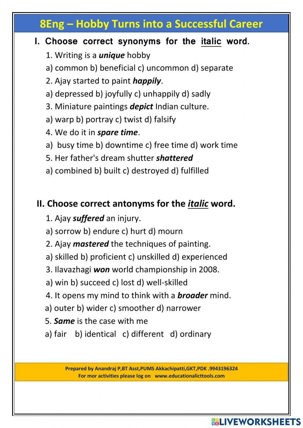 Hobby turns int… | Free Interactive Worksheets | 2125971