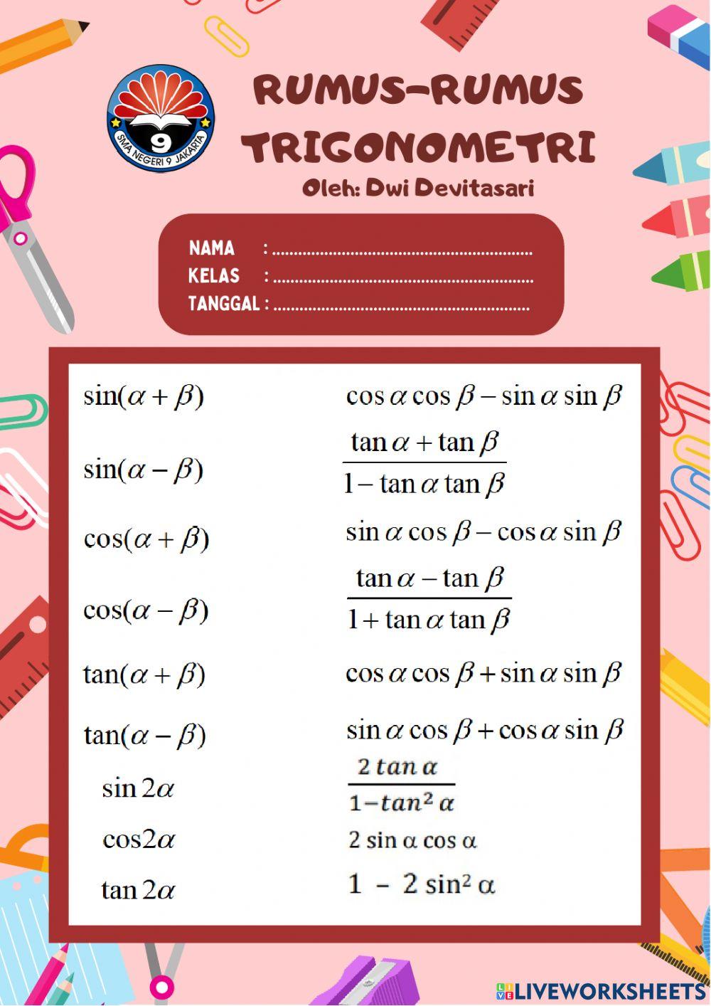Rumus-rumus trigonometri worksheet | Live Worksheets
