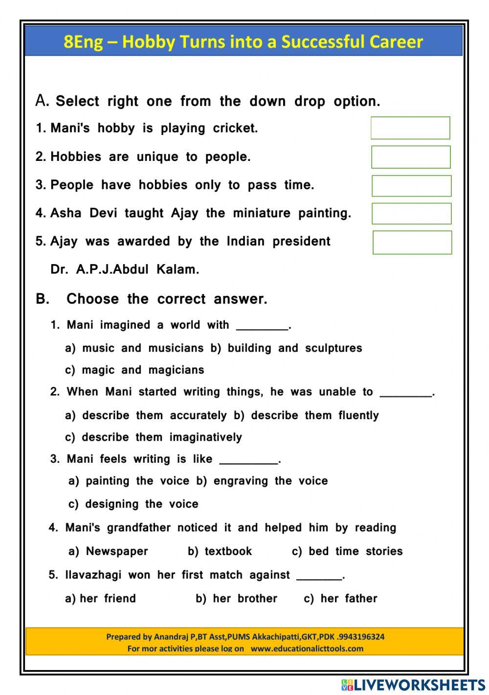 8Eng - Hobby turns into a successful career worksheet | Live Worksheets