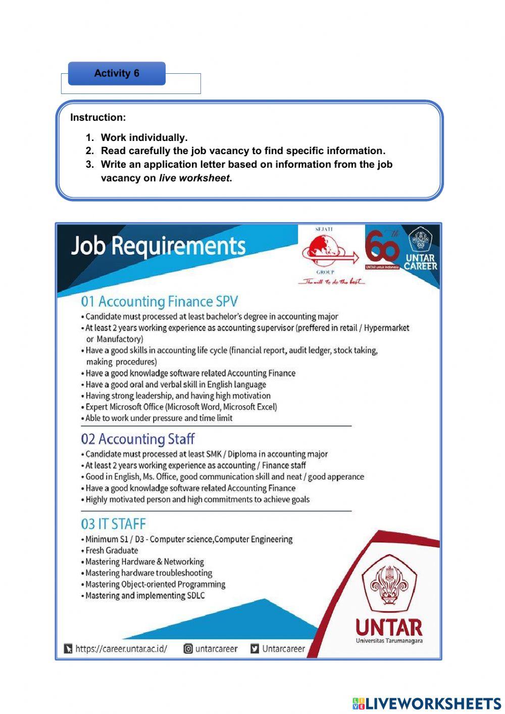 Application Letter online exercise for | Live Worksheets