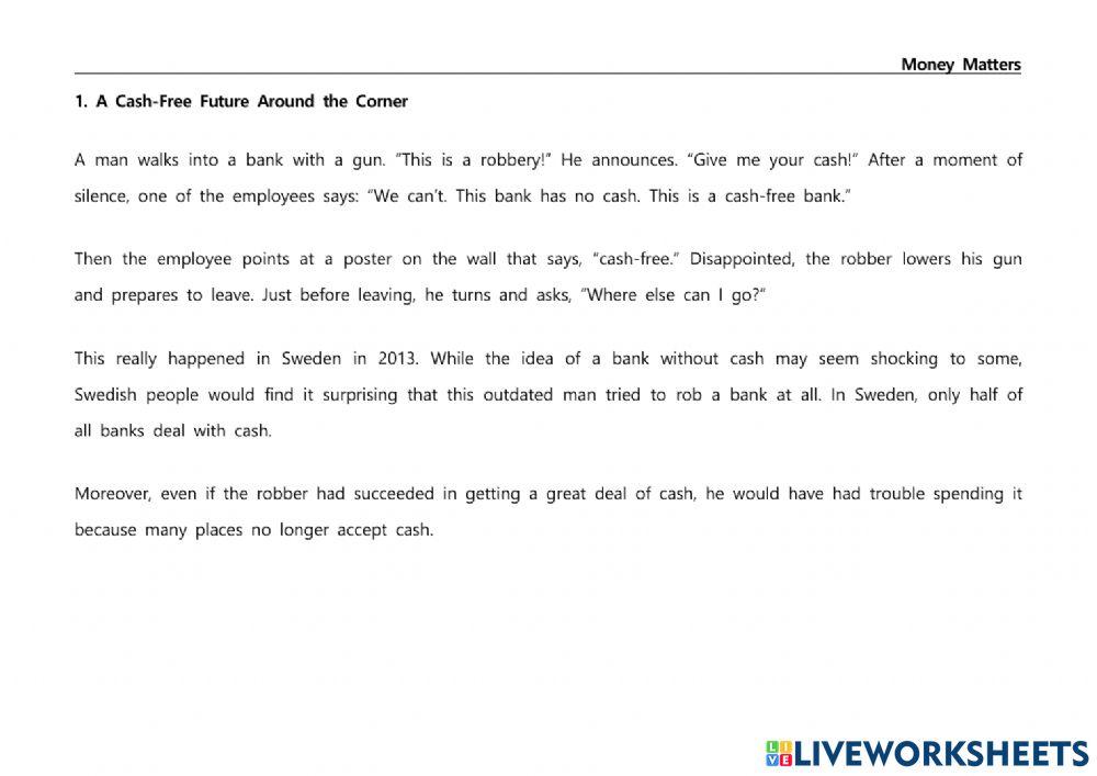 Money Matters 1. A Cash-Free Future Around the Corner online exercise ...