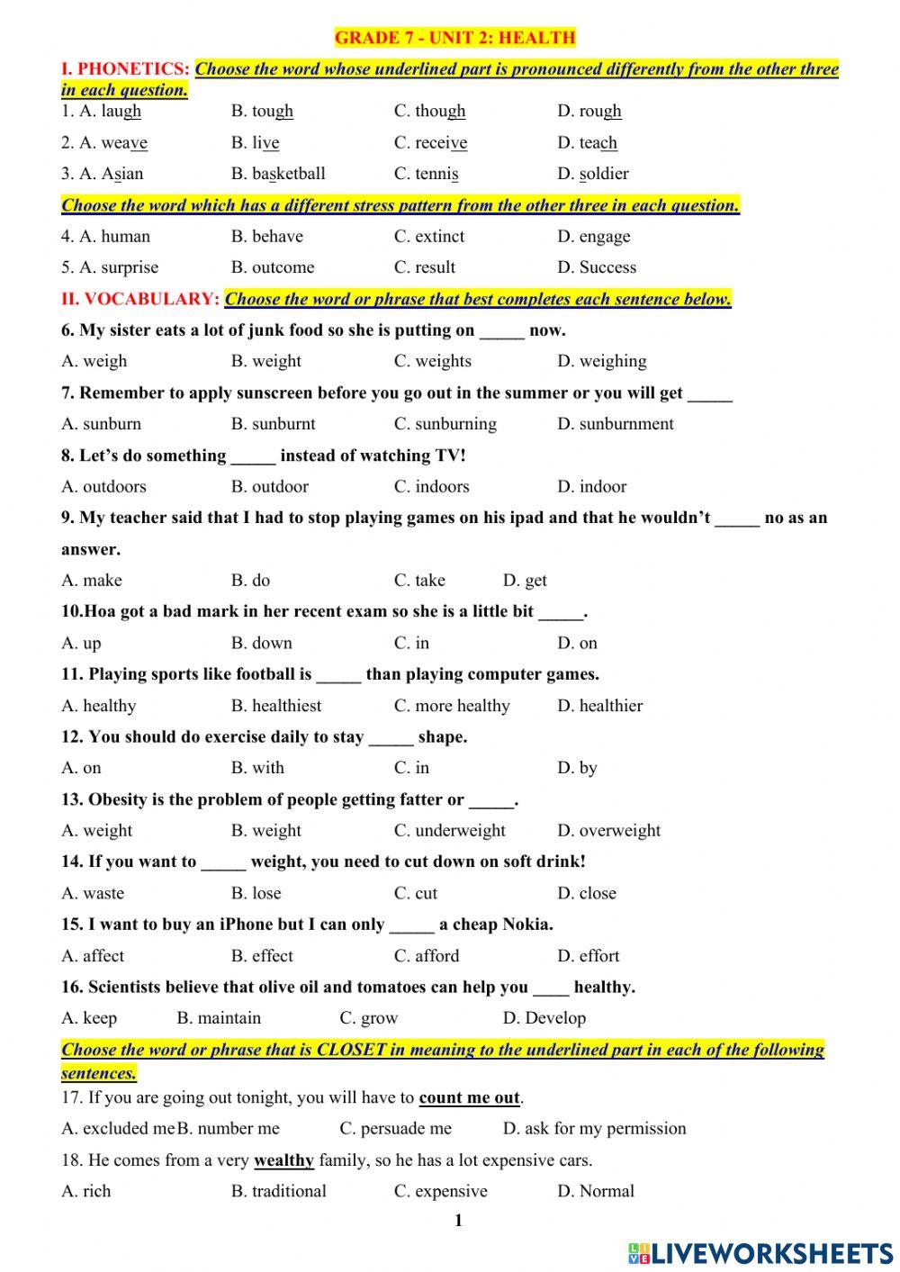 G7-review unit 2 tn 50 cau worksheet | Live Worksheets