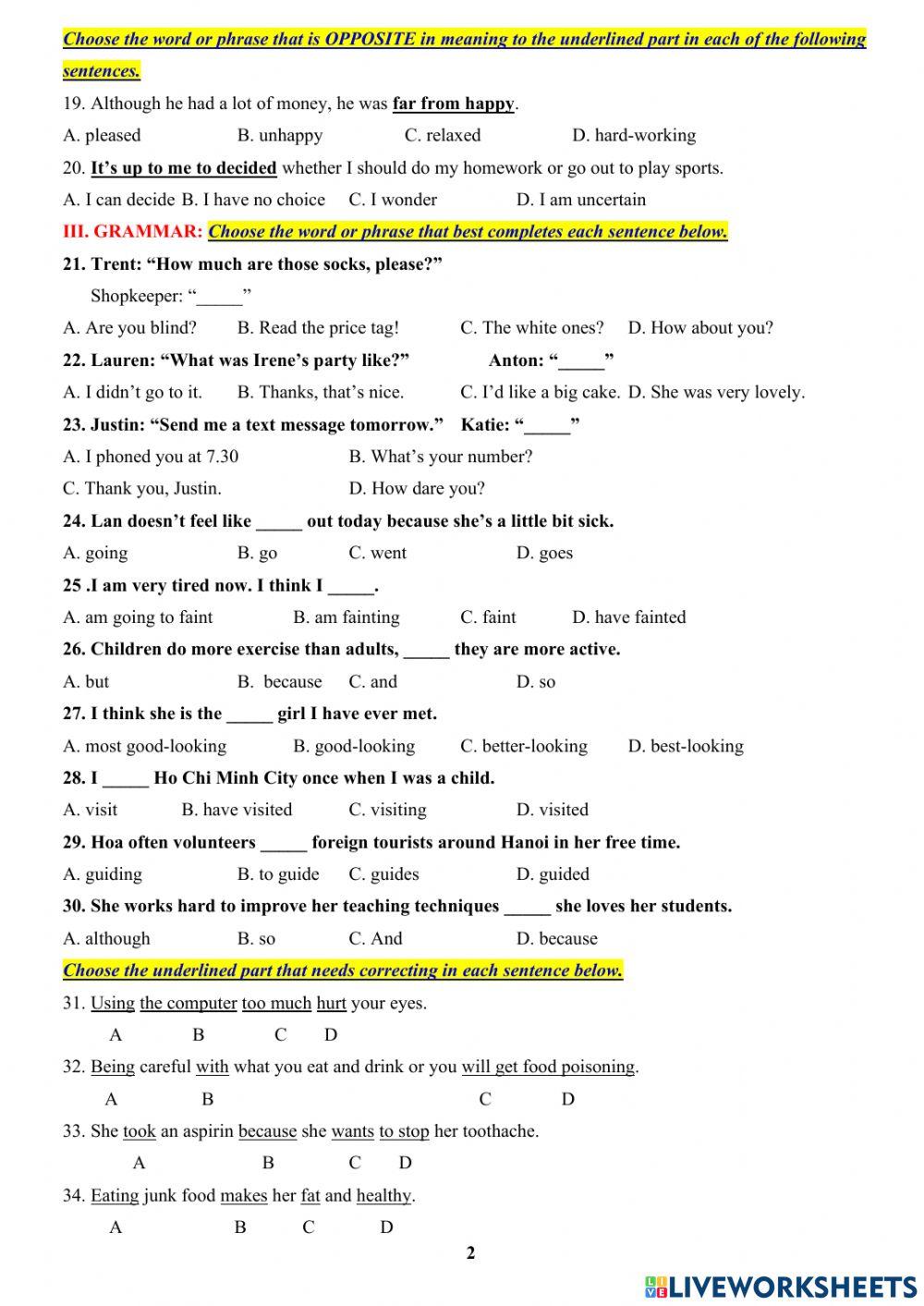 G7-review unit 2 tn 50 cau worksheet | Live Worksheets