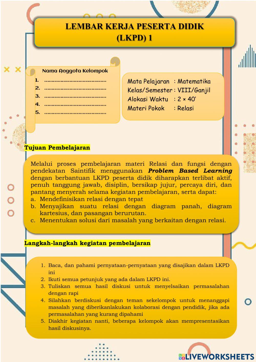 Lkpd relasi pertemuan 1 worksheet | Live Worksheets