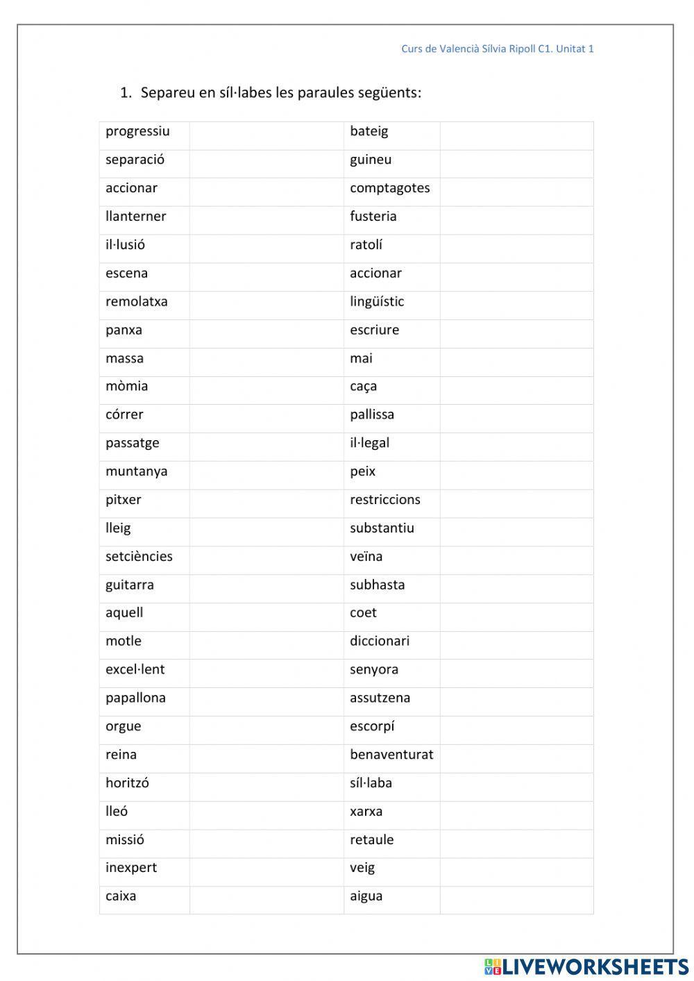 Separeu en síl·labes les paraules següents worksheet | Live Worksheets