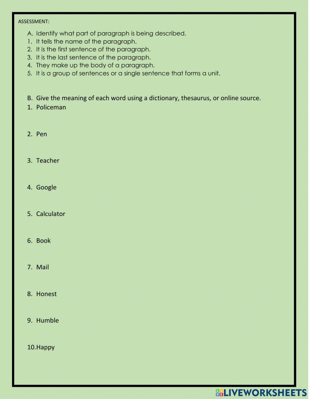 Parts of paragraph worksheet | Live Worksheets