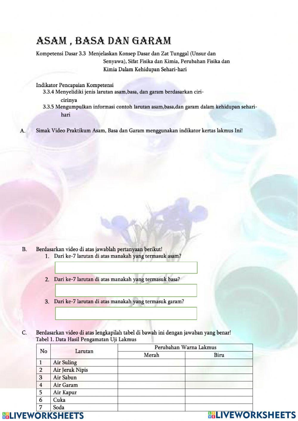 Asam ,basa dan garam | waskito | Live Worksheets