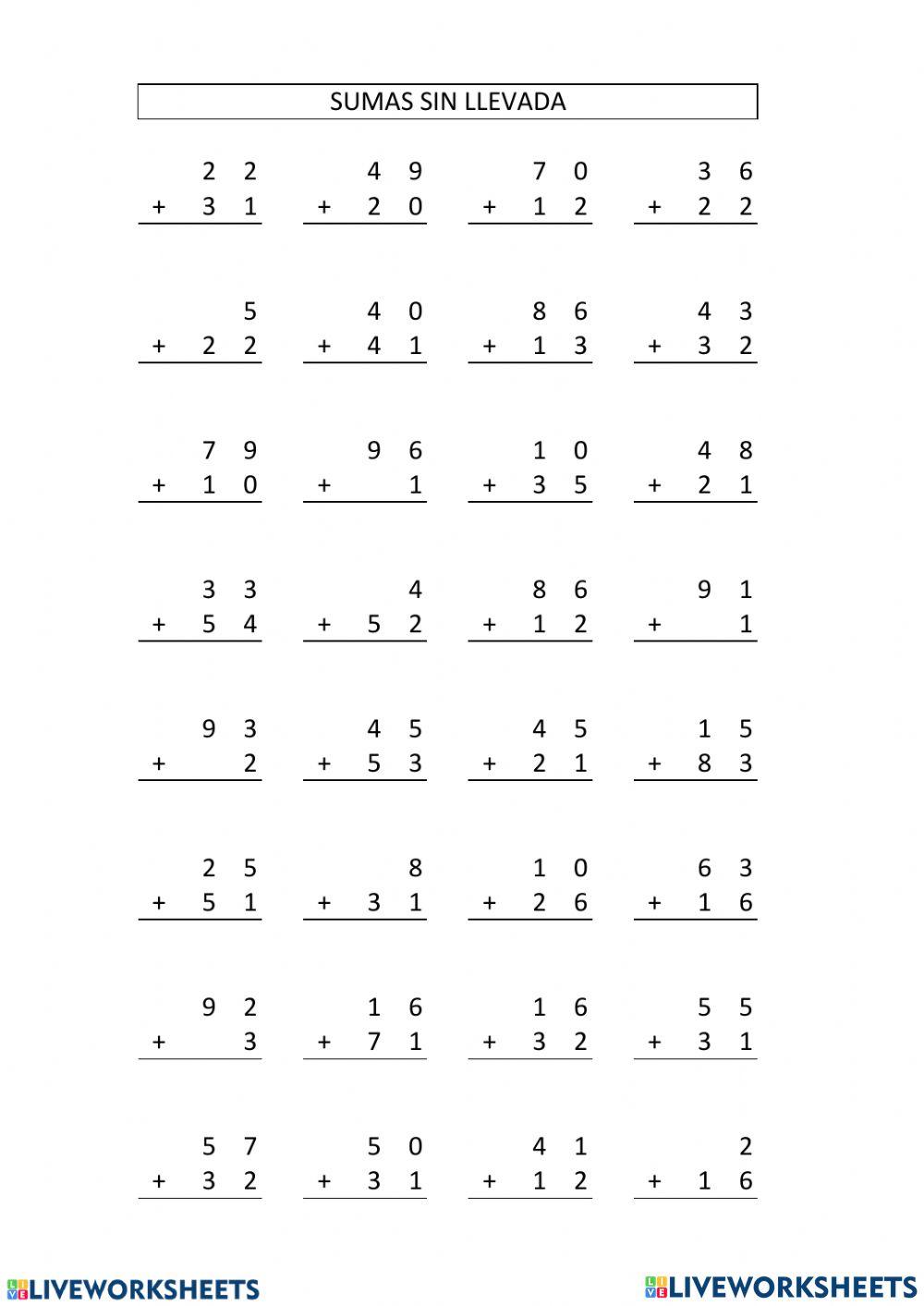Mates-Sumas sin llevadas worksheet | Live Worksheets