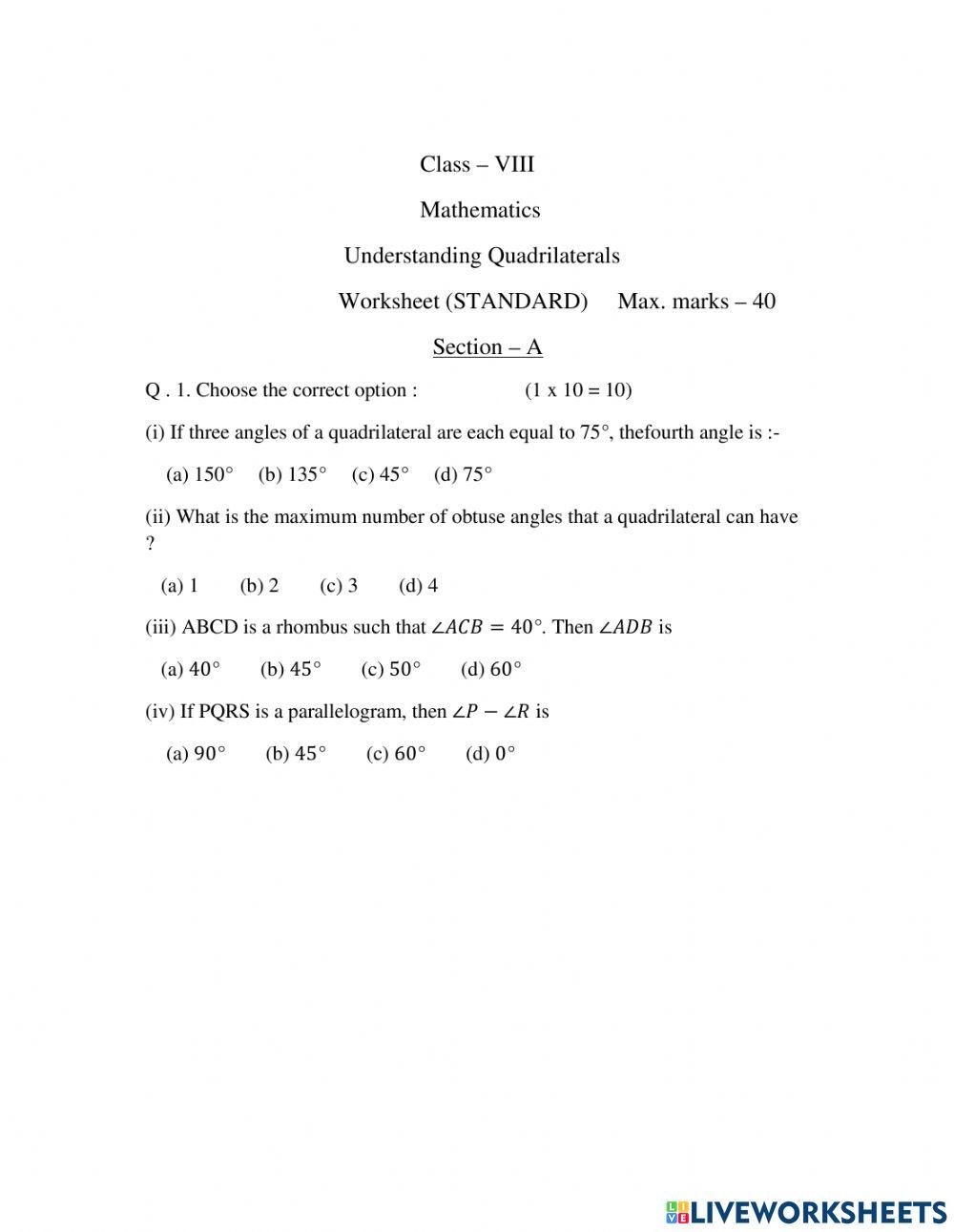 Understanding quadrilaterals online activity | Live Worksheets