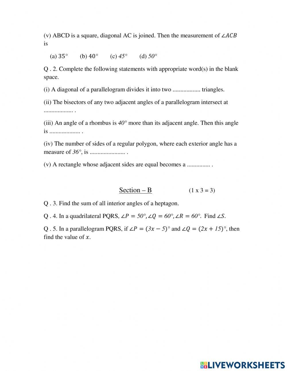 Understanding quadrilaterals online activity | Live Worksheets