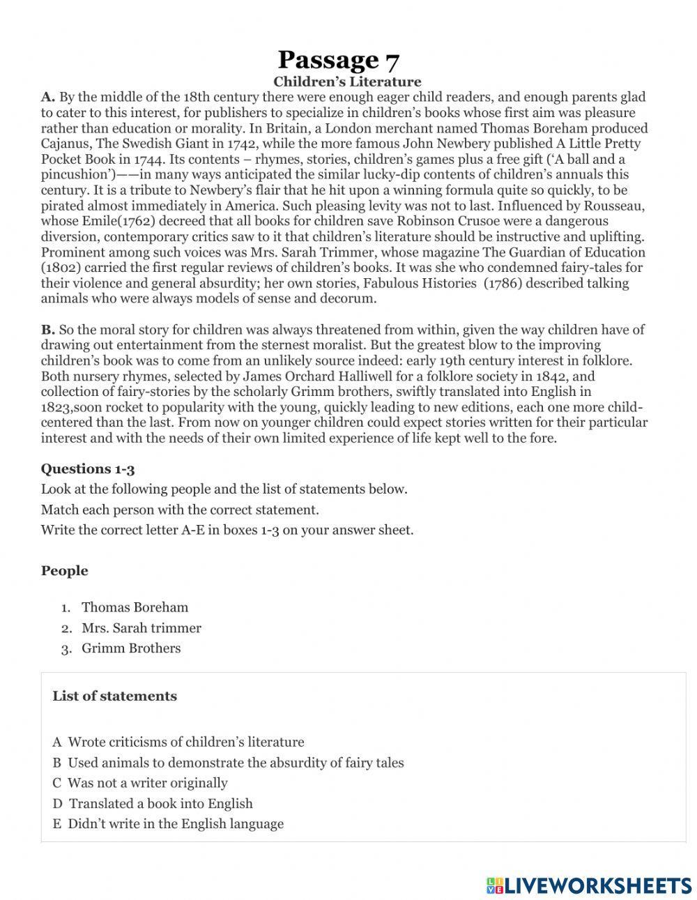 Ielts reading matching names interactive worksheet | Live Worksheets