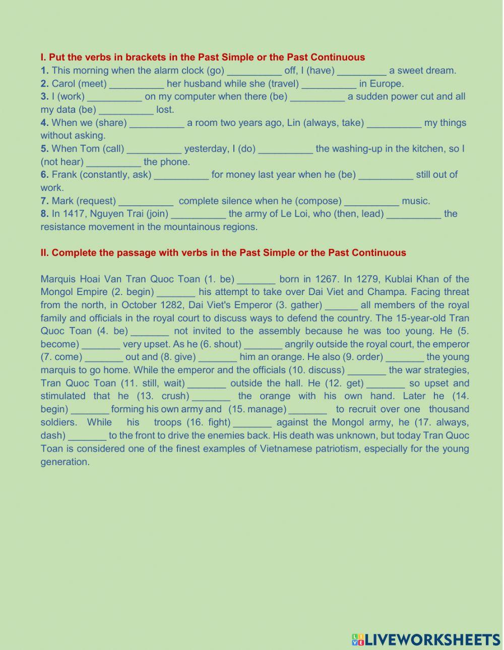 Past Simple and Past Continuous online exercise for | Live Worksheets
