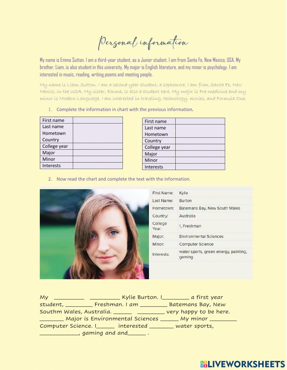 My personal information university worksheet | Live Worksheets