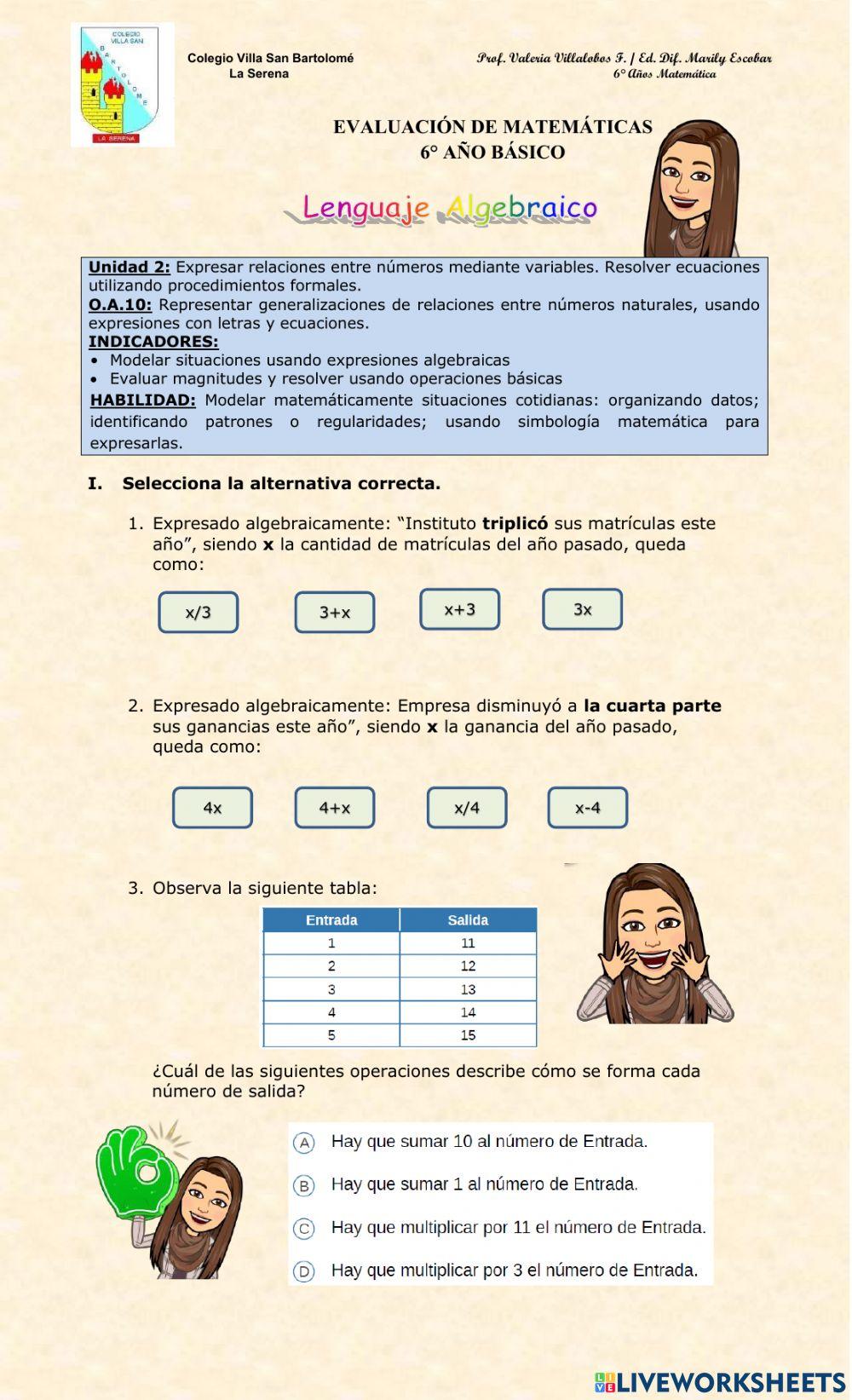 6° Lenguaje Alg… | Free Interactive Worksheets | 3627390