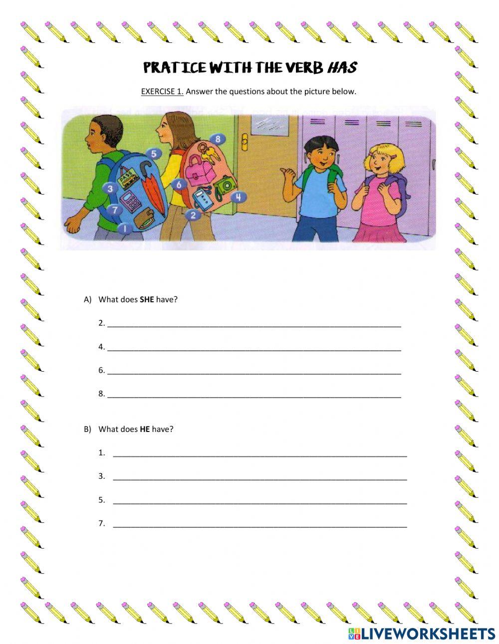 Practice with the verb has worksheet | Live Worksheets