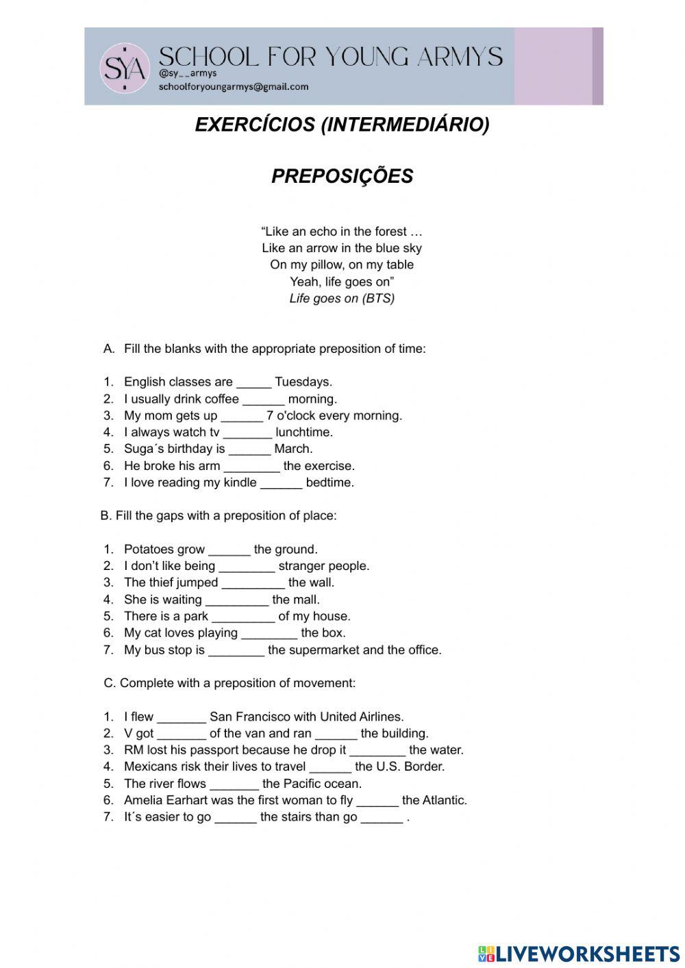 Prepositions Exercises online exercise for | Live Worksheets