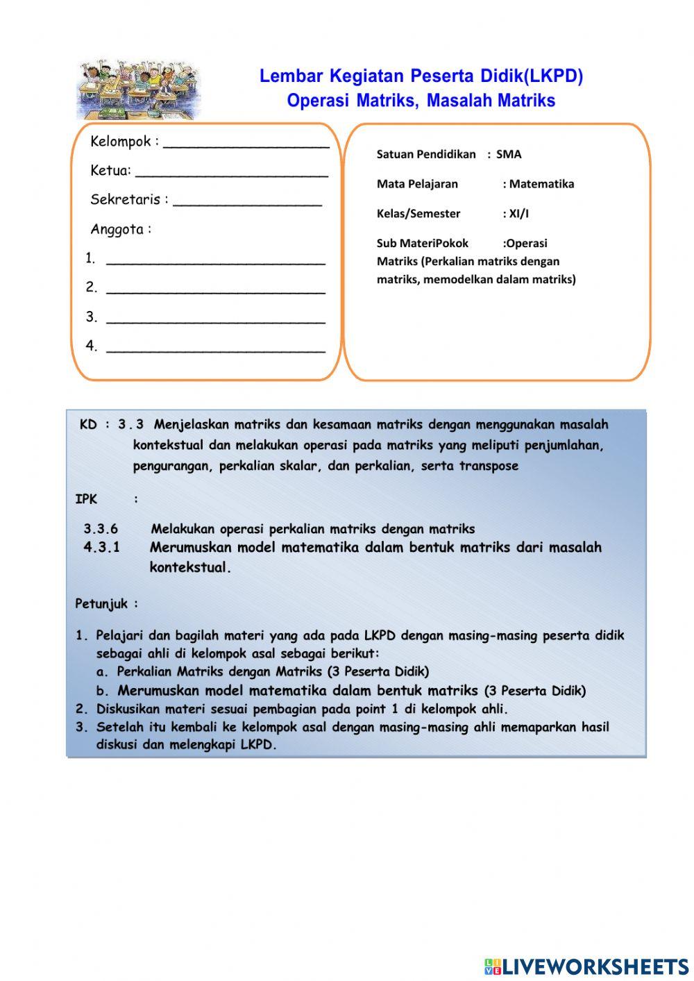 LKPD Perkalian Matriks-Pemodelan online exercise for | Live Worksheets
