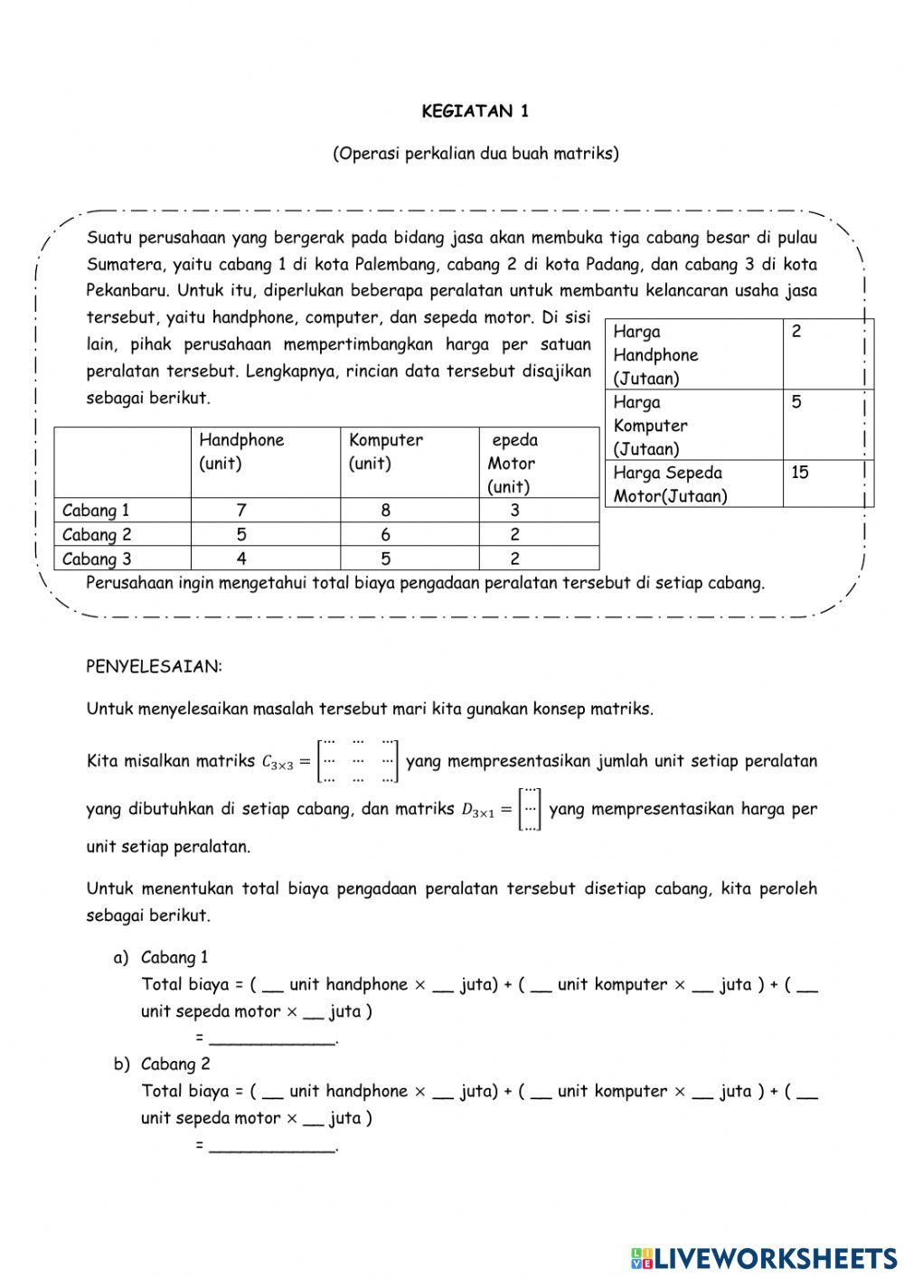 LKPD Perkalian Matriks-Pemodelan online exercise for | Live Worksheets